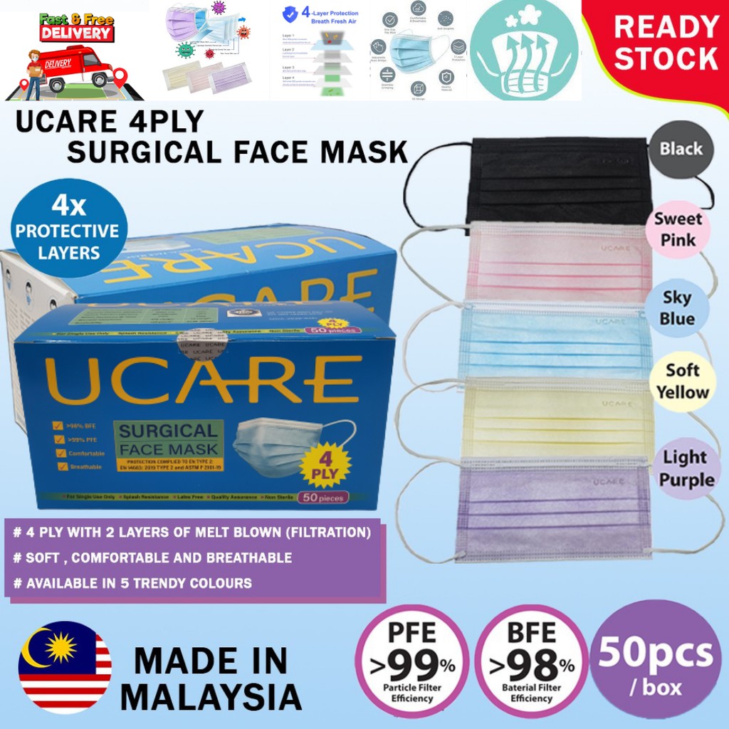 4 Ply Ucare Surgical Face Mask (50PCS), Elastic Earloops, Comfortable ...