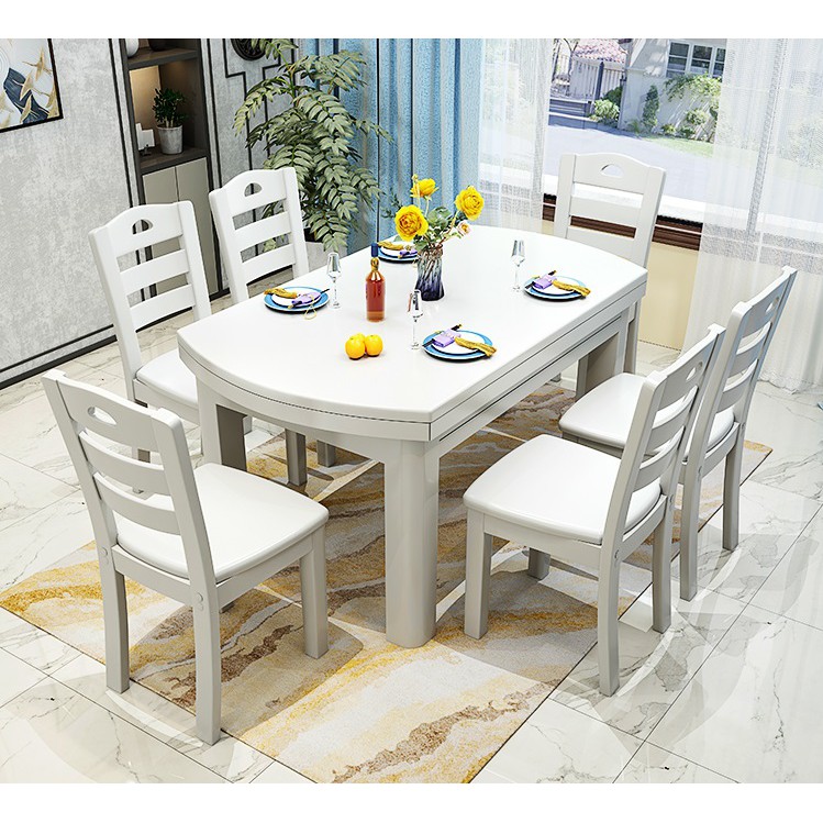Extendable Dining Table Chairs Set Round Solid Wood 6 8 10 Seater Table ...