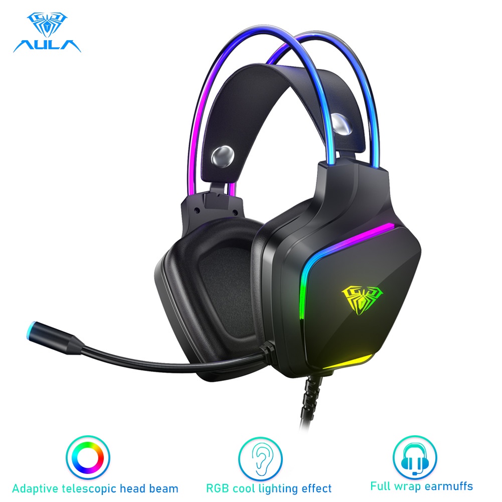 AULA S502 Gaming Headset RGB Head Beam Cool Lighting Effect Microphone ...