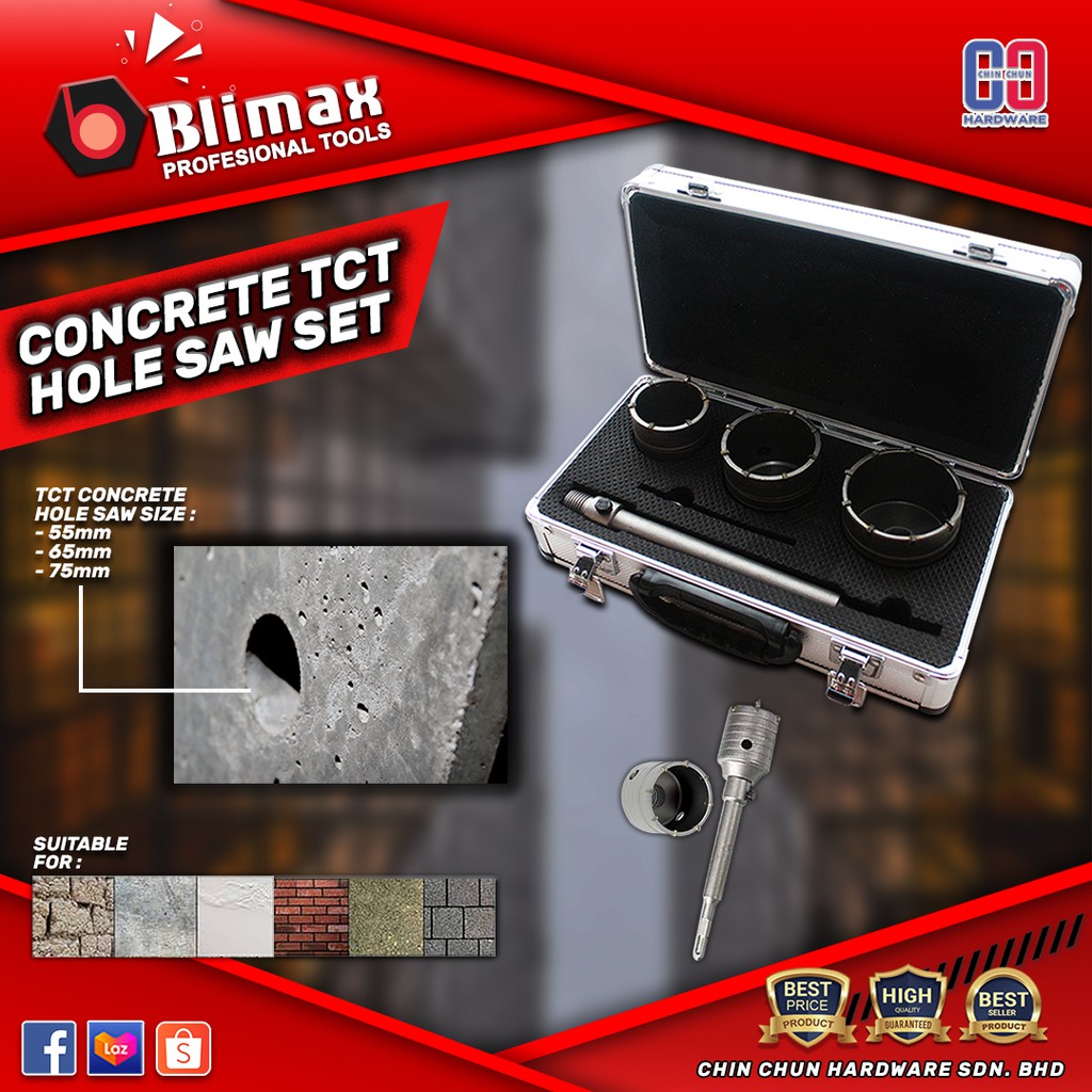 BLIMAX CONCRETE CUTTER SERIES / CONCRETE TCT HOLESAW SET/ 5PCS/ SET ...