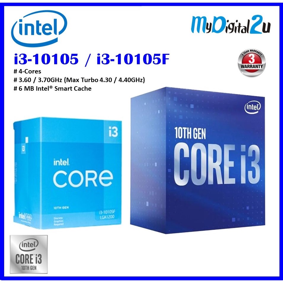 Intel® Core i3-10105 Processor 6M Cache, 3.6GHz / 3.7GHz (Max Turbo Up To 4.30 / 4.40GHz ...
