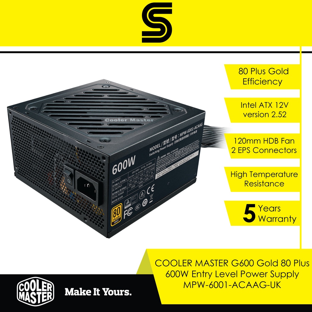 COOLER MASTER G600 Gold 80 Plus 600W Entry Level Power Supply - MPW ...
