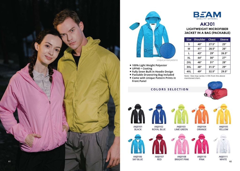 BEAM Unisex Hoodie Jacket In a Box Light Weight Microfiber Polyester ...