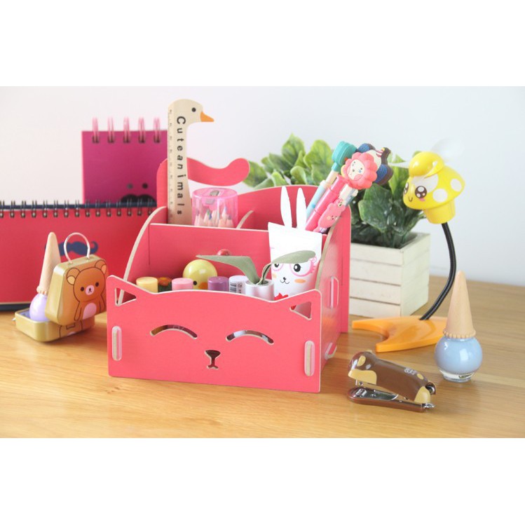 EzLife Cute Wooden Desk Storage Organizer Kitten Stationery Organizer ...