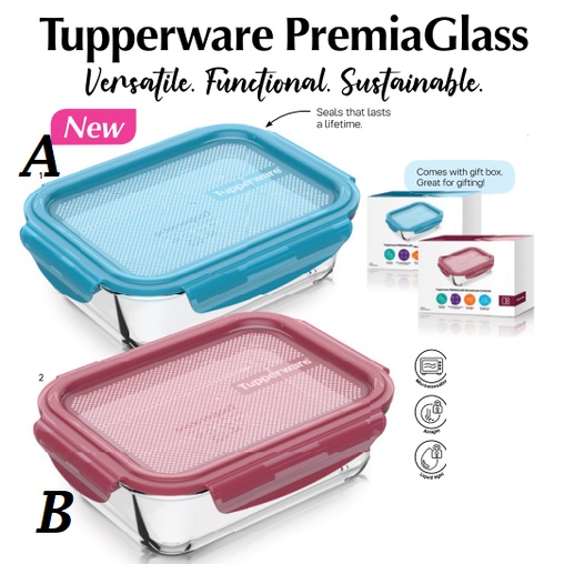 Original Tupperware PremiaGlass Rectangular 1L glassware with gift box/ lunch box/ food storage ...