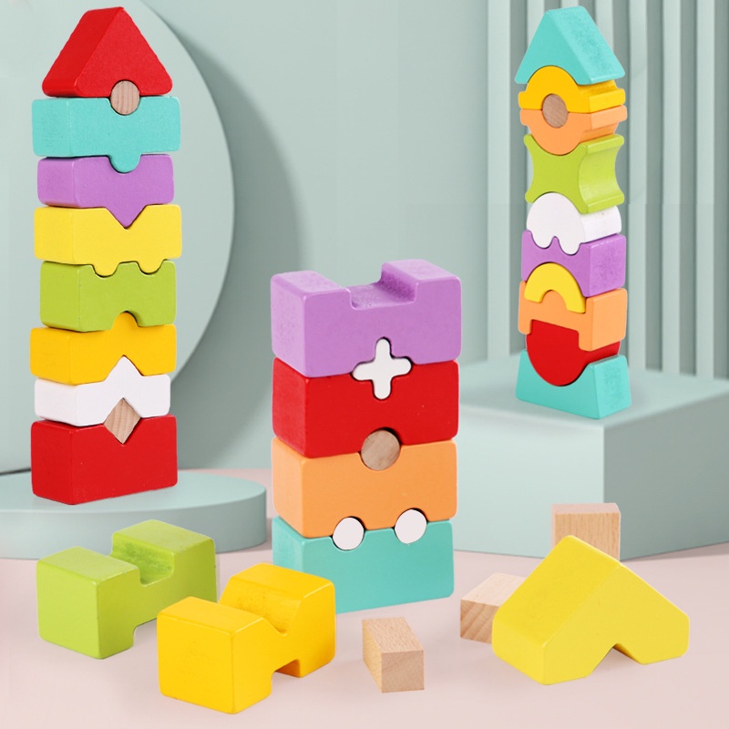 Montessori Wooden Baby Toy Rainbow Tower Stacker Building Blocks ...