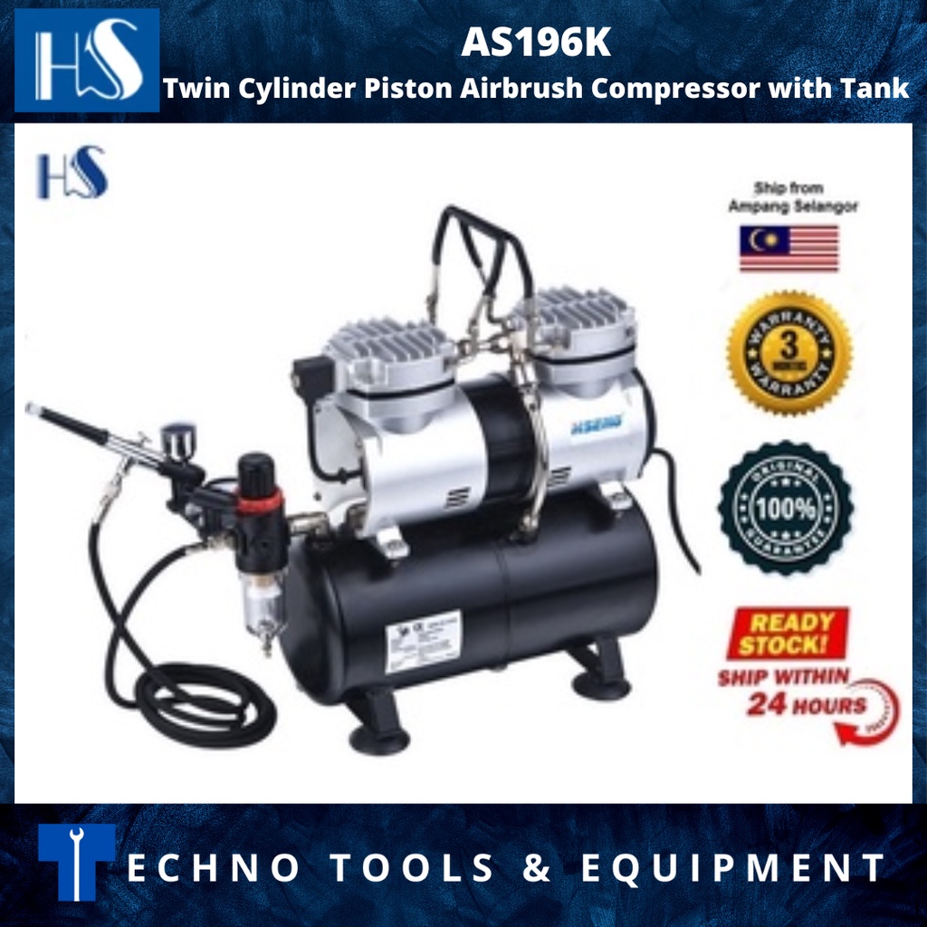 HAOSHENG AS196K Twin Cylinder Piston Airbrush Compressor Kit with Tank ...