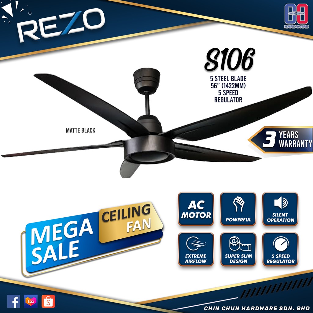 REZO S106 / S306 56" CEILING FAN 5 BLADES | 5 SPEEDS | KIPAS SILING ...