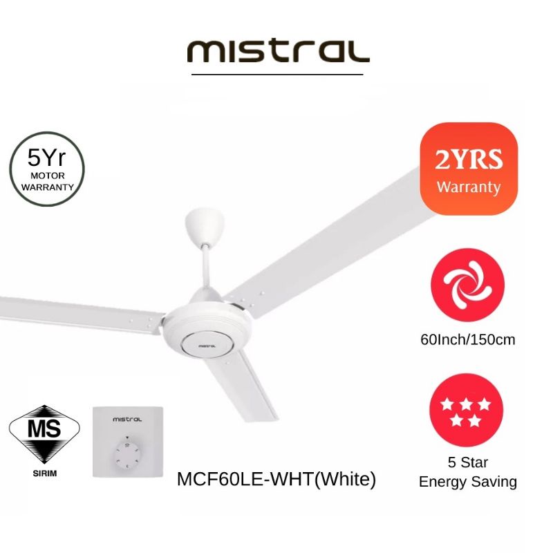 [5 YEARS WARRANTY] MISTRAL KHIND CEILING FAN MCF60LE BLACK /WHITE HEAVY ...