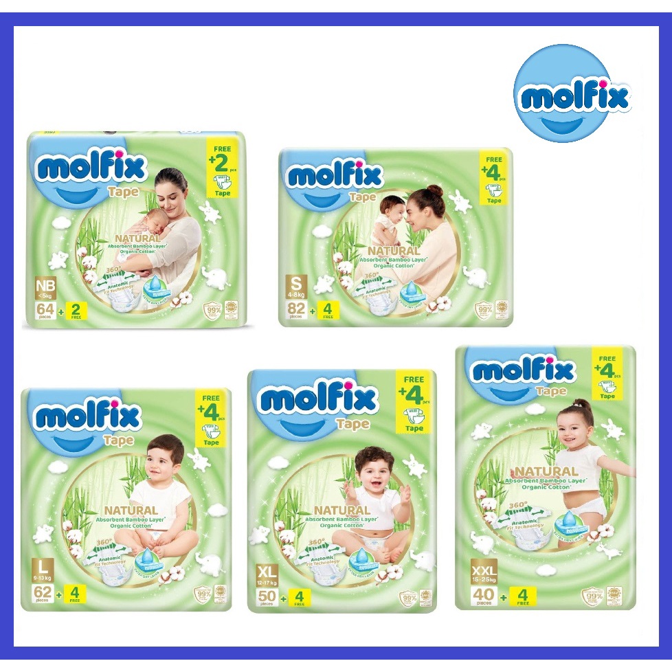 Molfix Natural Super Jumbo Tape Diapers - NB64+2 / S82+4 / M74+4/ L62+4 ...