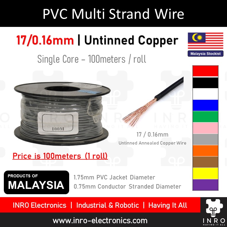 [1 roll] 17/0.16mm, 22 AWG, PVC Multi Strand Single Core Wire, Untinned ...