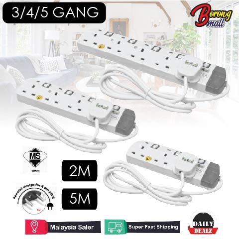 SIRIM APPROVED 2/5M Power Extension Trailing Socket Adapter Cord Outlet ...