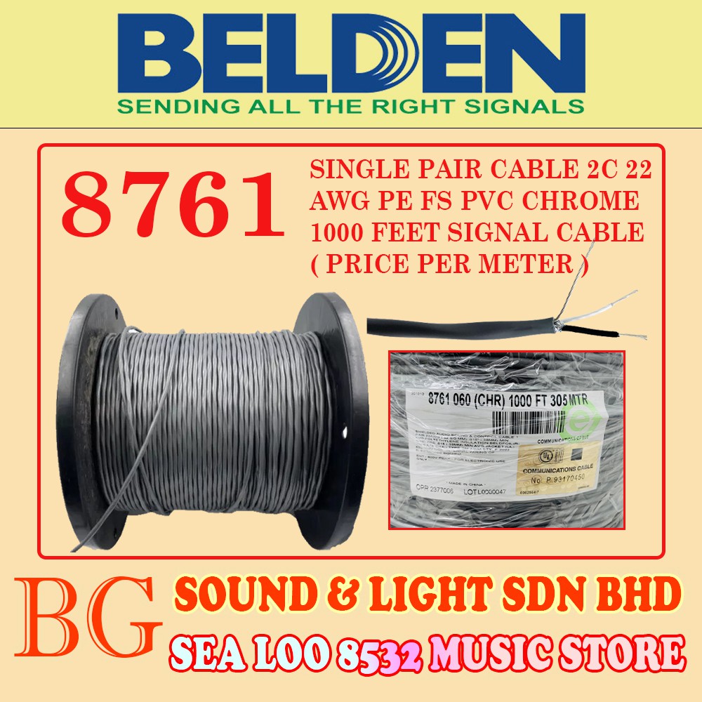 BELDEN 8761SINGLE PAIR CABLE 2C 22 AWG PE FS PVC CHROME 1000 FEET ...