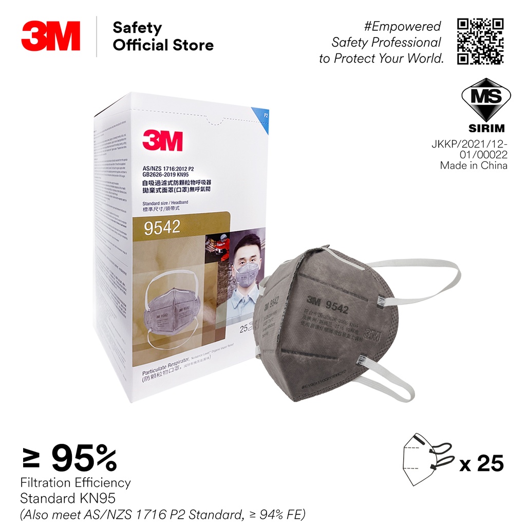 3M™ 9542 KN95/P2 Particulate/ Haze/ Dust/ Mist Disposable Respirator/ Organic Vapor/ Smell ...
