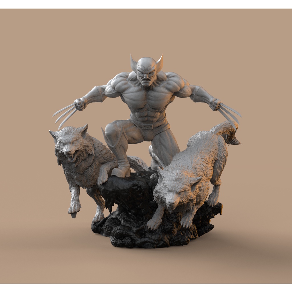 H047 - Comic Character design, The Wolfverin statue with two wolf, STL ...