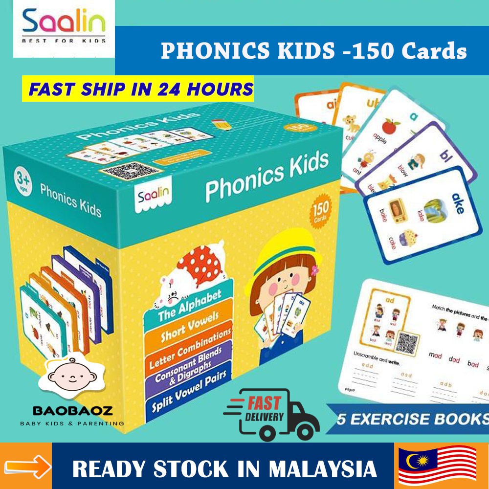 Saalin Phonics Kids Flash Card [150 cards] with 5 Exercise Books ...