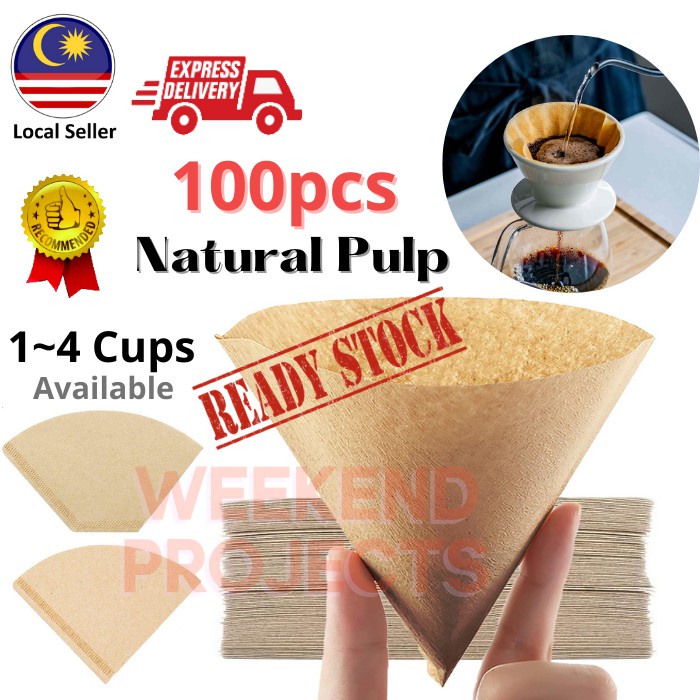 100pcs Natural Coffee Filter Paper Unbleached Cone Filter Disposable ...