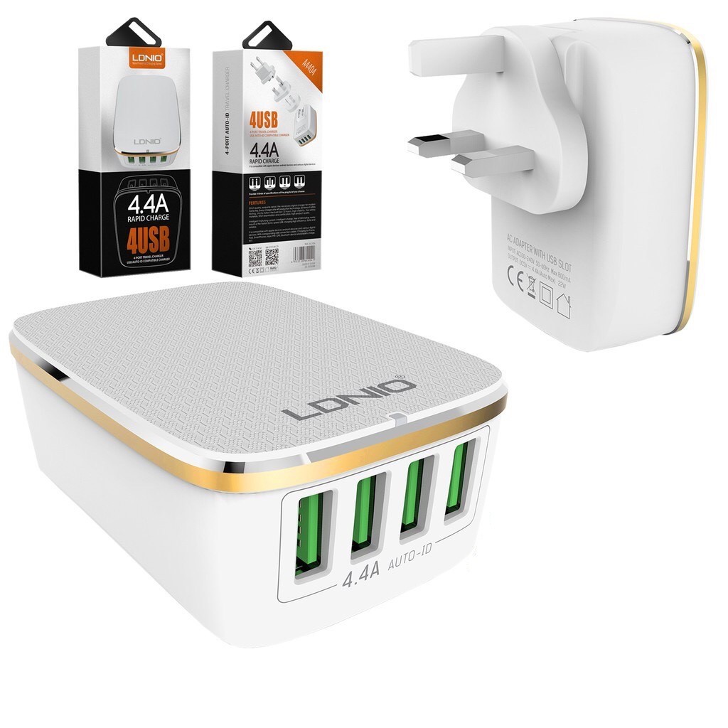 LDNIO A4404 4.4A 4 USB Output Port Auto ID USB Fast Charger & UK 3-Pin ...