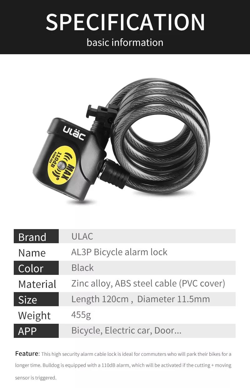 ULAC Alarm Lock For Bicycle Motorcycle Steel Cable Bike Lock Cycling ...