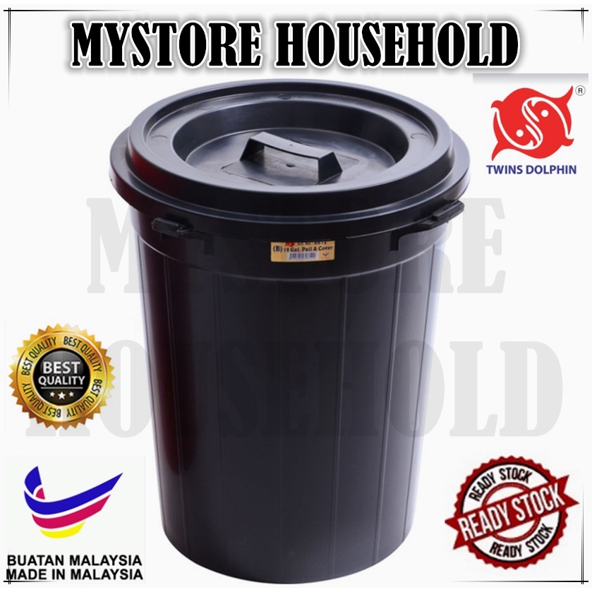 【Twins Dolphin】12 Gallon Black Pail With Cover / Rubbish Bin / Dustbin / Tong Sampah Hitam ...