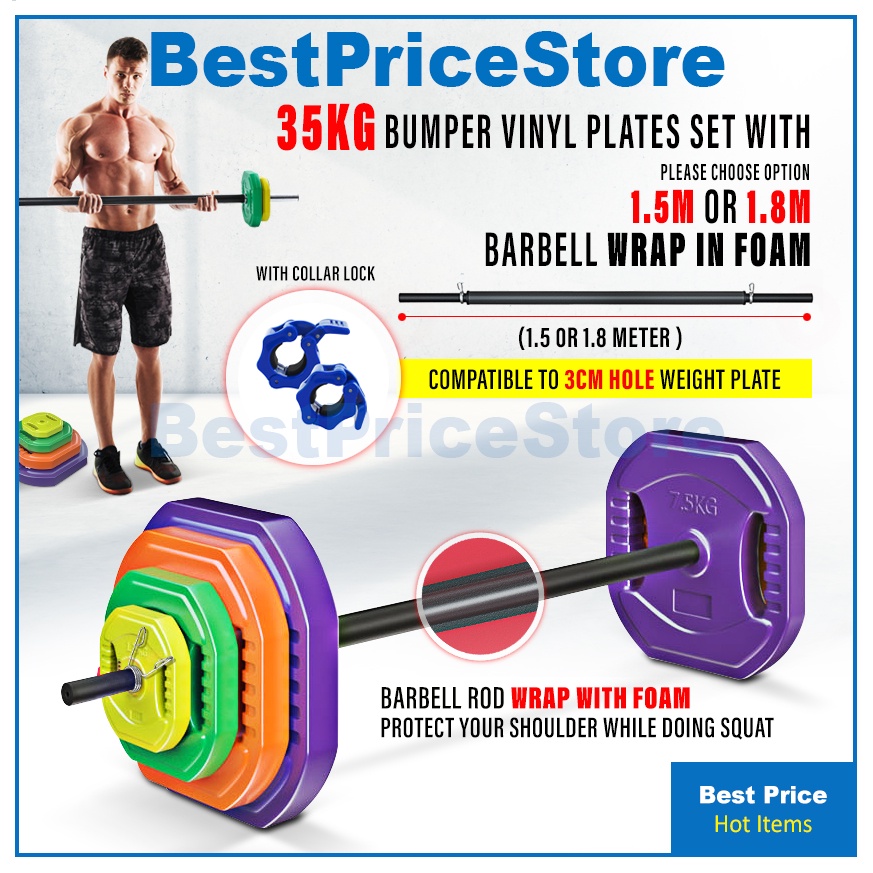 BPS 35kg Body Pump Bumper Vinyl Weight Plate Color Plates Barbell Set 1 ...