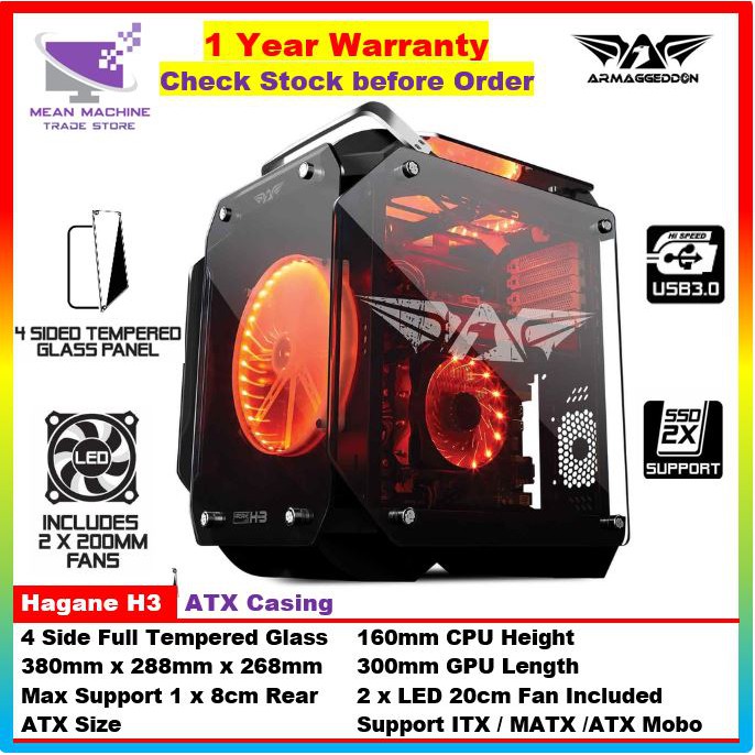 Armaggeddon Hagane H3 ATX 4 Side Tempered Glass Gaming Chassis (Free 2 ...