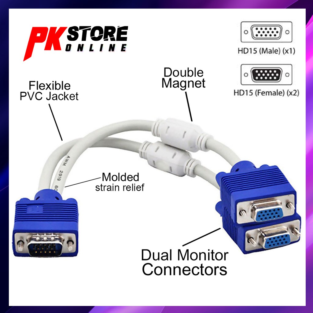 15PIN VGA SPLITTER CABLE 1 MALE TO 2 FEMALE Y ADAPTER MONITER CONVERTER (P5-1) | Shopee Malaysia