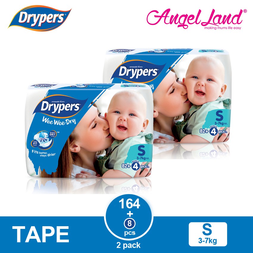 Drypers Wee Wee Dry Tape Diaper S82+4/M74+4/L62+4/XL50/XXL40 (2Packs ...