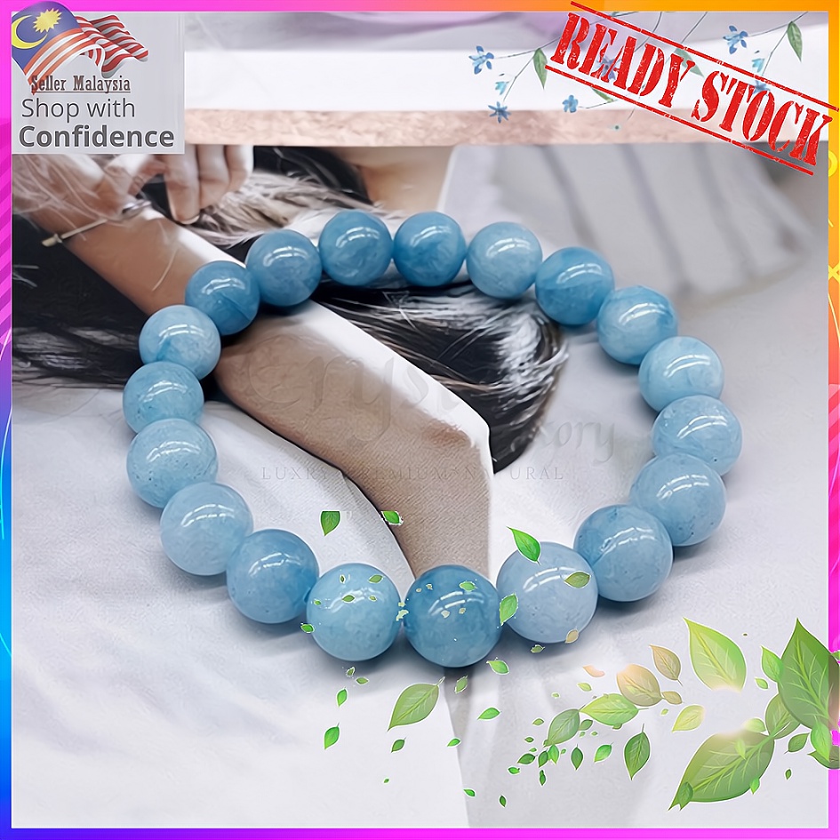 Aquamarine Blue Aeroides Larimar crystal stone Beads Bracelet海蓝宝拉利瑪石(海纹 ...