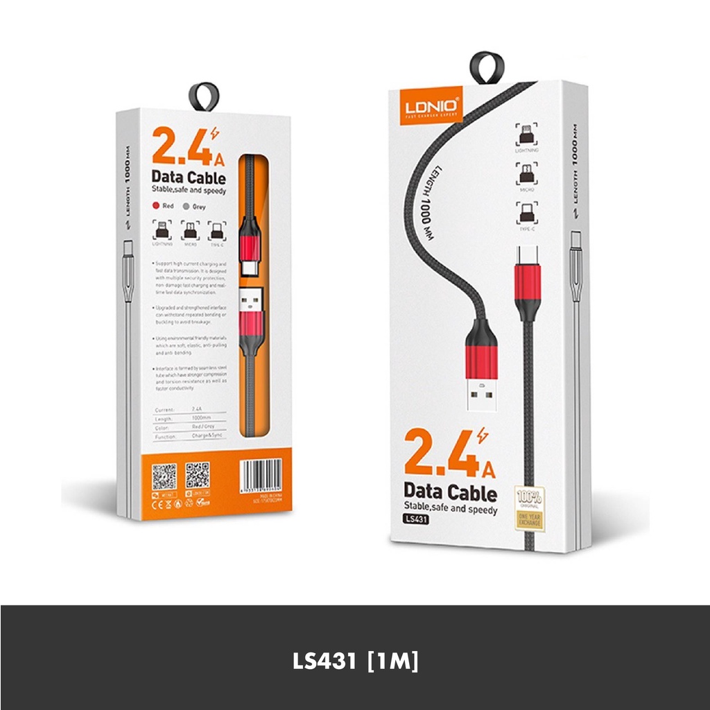 LDNIO LS431 1M / LS432 2M 2.4A Fast Charge Data Cable [Compatible with iPh, Micro USB, Type-C ...
