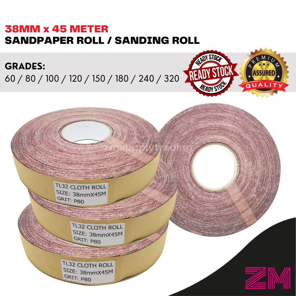 Sandpaper Sanding Roll (38mm x 45 meter) Grit P60 P80 P100 P120 P150 ...