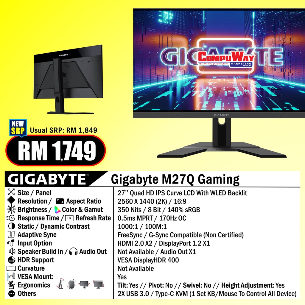 GIGABYTE M27Q GAMING MONITOR (QHD/IPS/27"/170HZ OC/0.5MS/FLAT) | Shopee ...