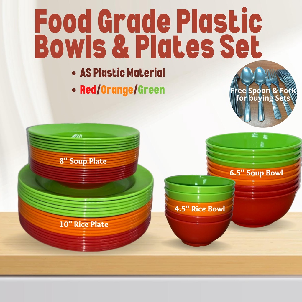 (6pcs) Food Grade AS Plastic Bowls & Plates (Red/Orange/Green) Pinggan ...