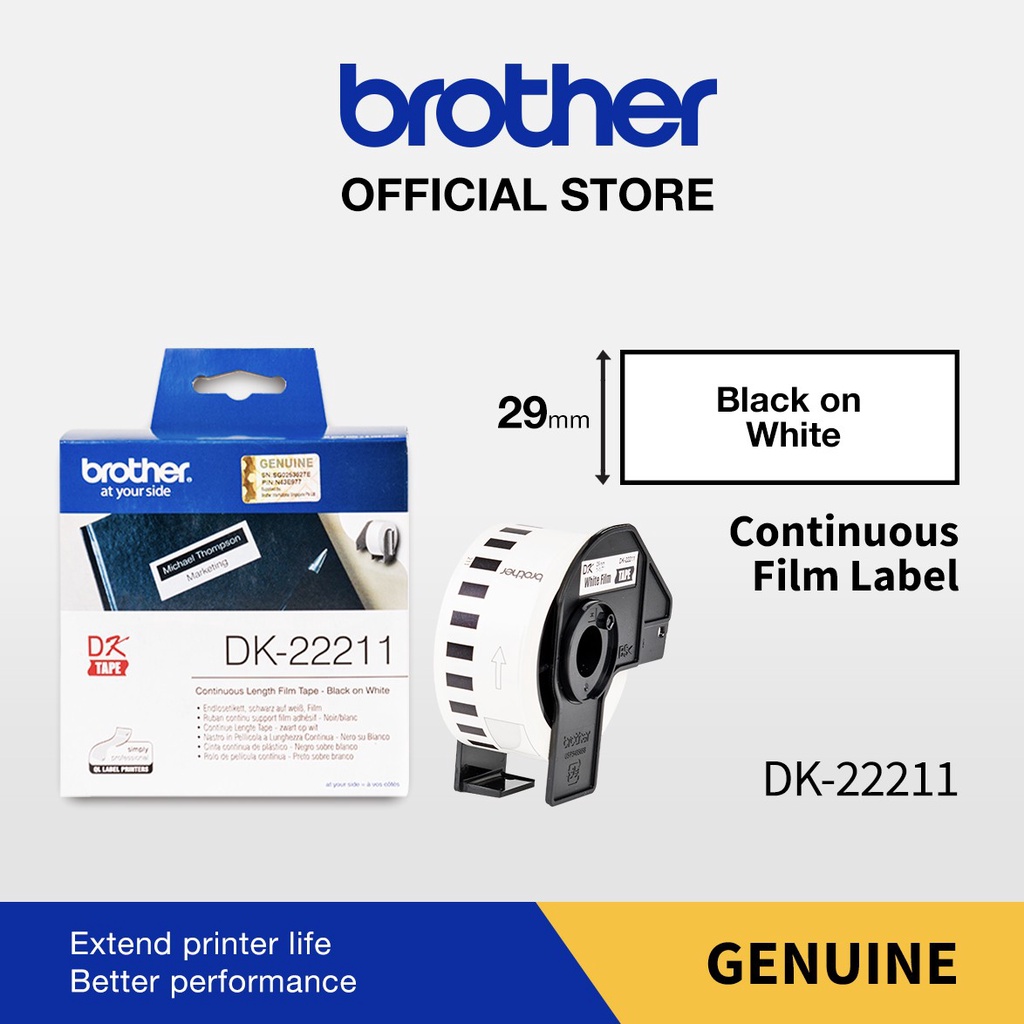 Brother DK-22211 Genuine Continuous Film Label, 29mm Black on White ...
