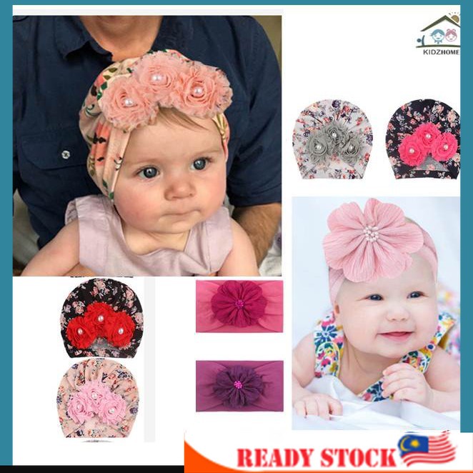 Baby topi tudung Floral Pearl Beanie Infant Hat Toddler Girl Turban Cap ...