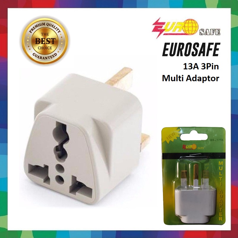 EUROSAFE 13A Multi Plug Adaptor / 3 pin Adaptor Travel Plug for ...