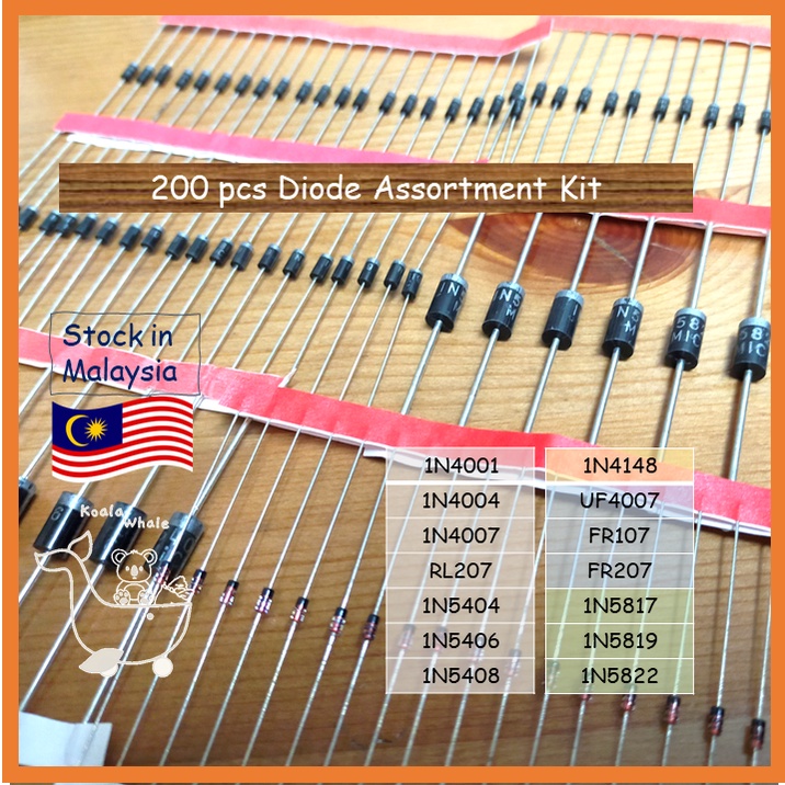 Diode Assortment Kit 200pcs 1N4001 1N4004 1N4007 RL207 1N5404 1N5406 1N5408 1N4148 UF4007 FR107 ...