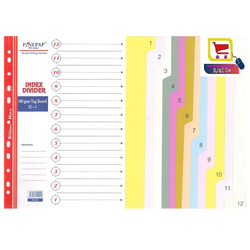 12 colour Index Divider / Paper Index Divider 1-12 160gsm (Paper ...