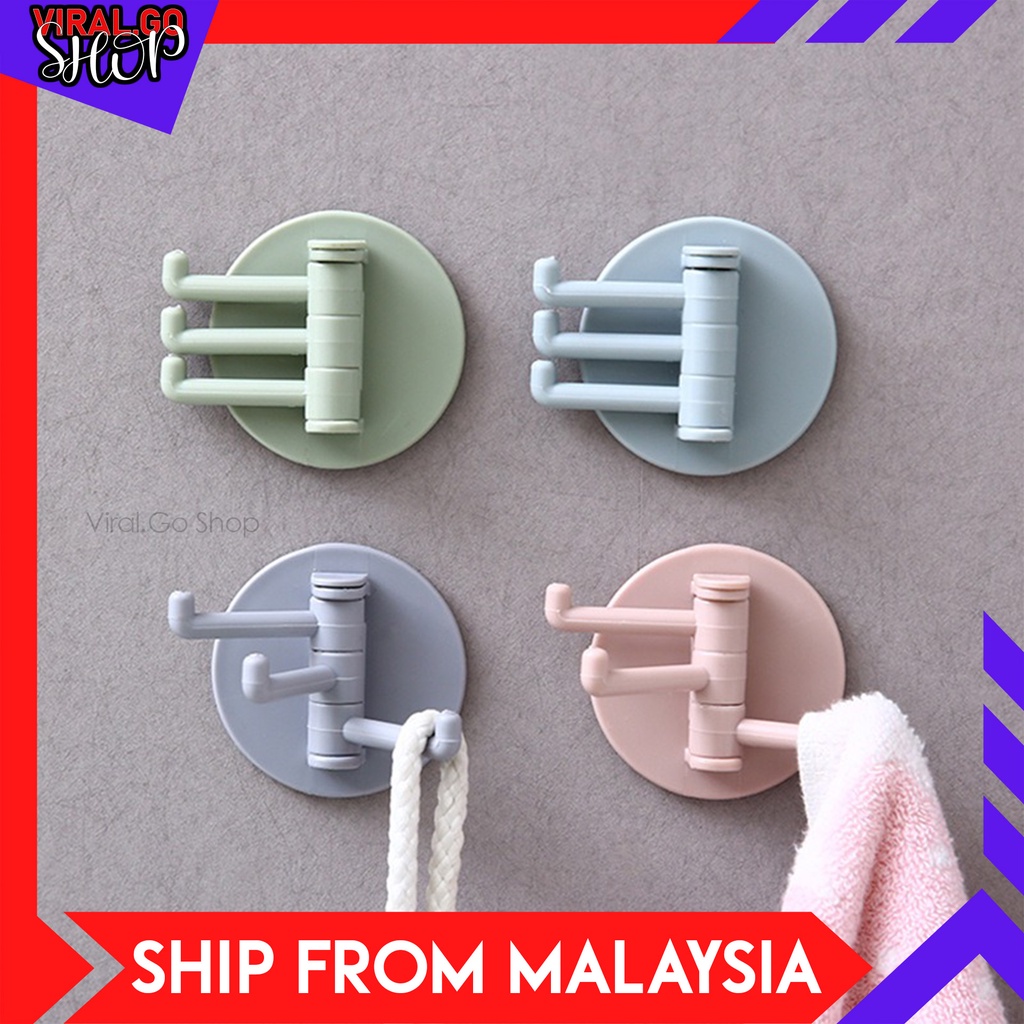 Rotating 3 Hook Adhesive Wall Hook Multipurpose Rotatable 3 Hook ...