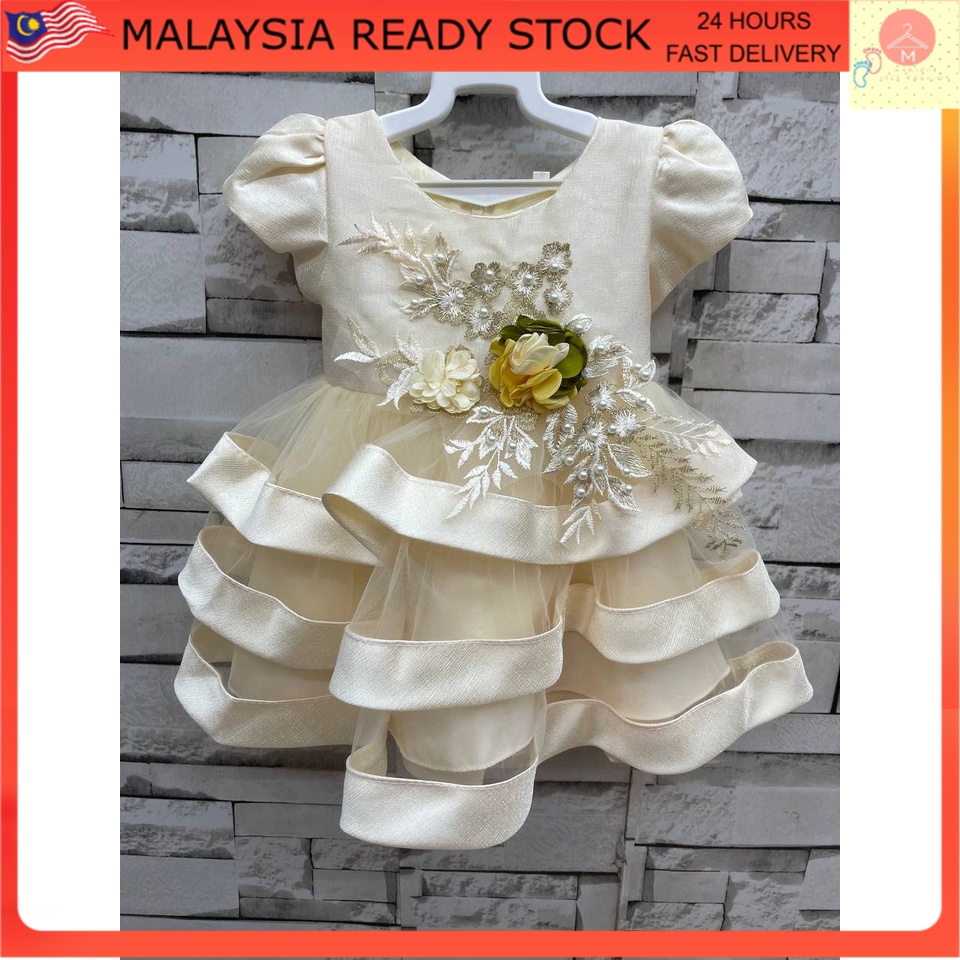 Kids Girl Premier Wedding Dress Gaun Baby Double Flower 3 Layers Dress ...