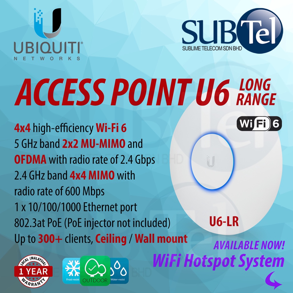 Ubiquiti U6 Long Range U6-LR WiFi6 Access Point Dual band 4x4 MIMO Ceiling Wall Mount UBQT ...