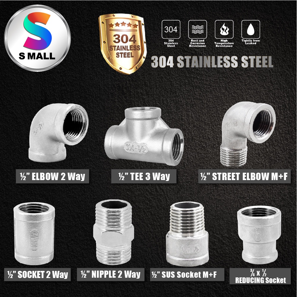 S MALL Stainless Steel SUS304 Pipe Fitting Tee Elbow socket Nipple Street Elbow 1/2" / 3/4 ...