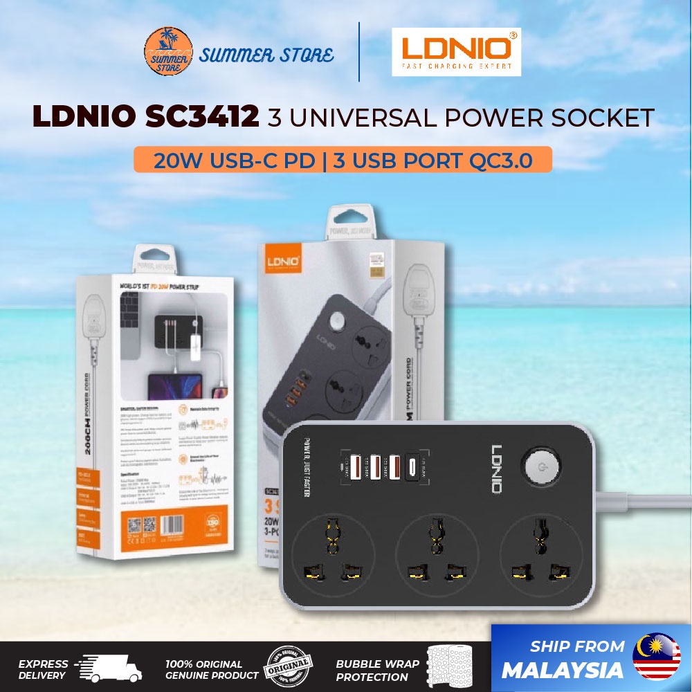 Ldnio SC3412 Extension Plug Power Strip 3 Universal Socket 38W PD20W ...