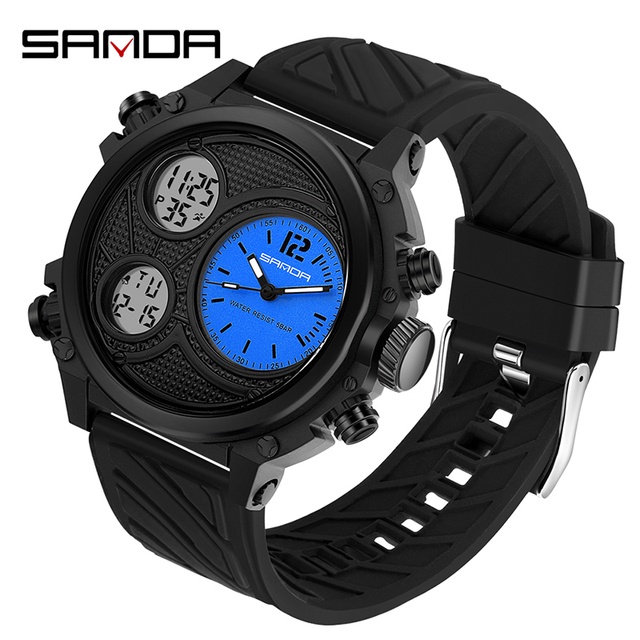 SANDA LED Sport Digital Watches 50m Waterproof Electronic Wristwatch Three Time Display Quartz ...