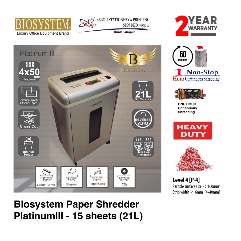 Biosystem Paper Shredder PlatinumII Micro Cut -1 sheets 21 Liters 1 Hr ...