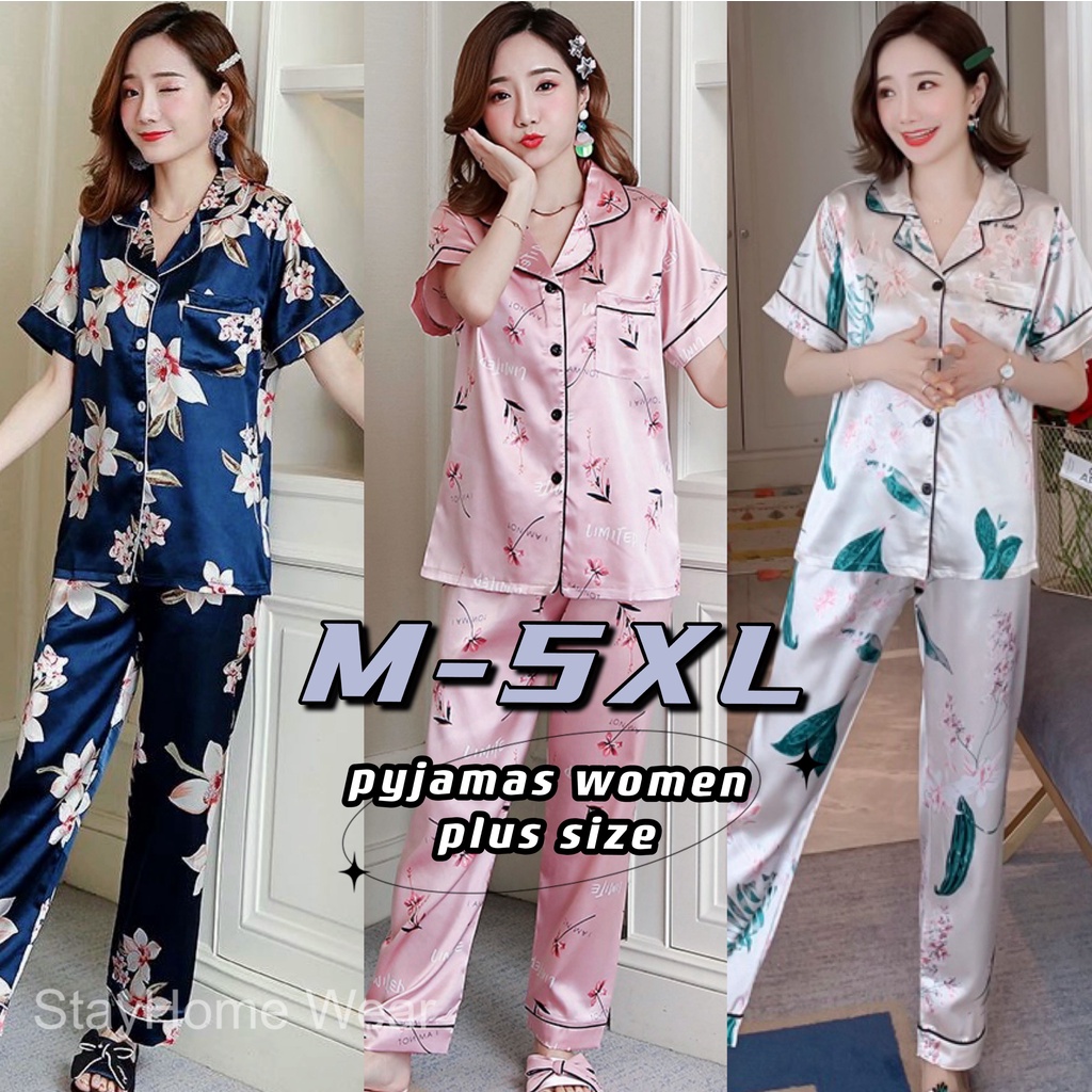 M-5XL Flower Designs Short Sleeve Plus Size Pyjamas Women Satin Printed ...