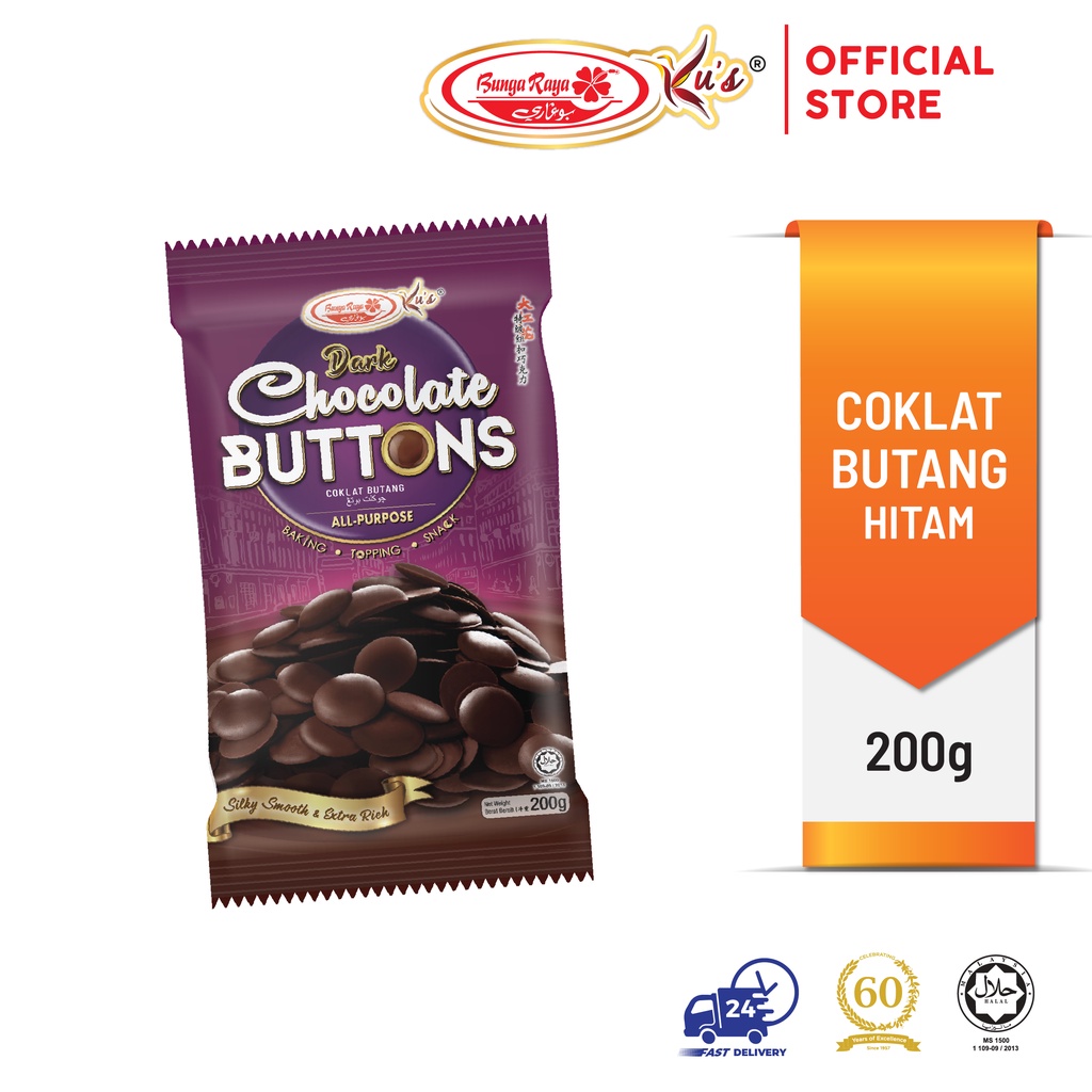 BUNGA RAYA KUS Chocolate Button (Dark) 200g || BUNGA RAYA KUS Coklat ...