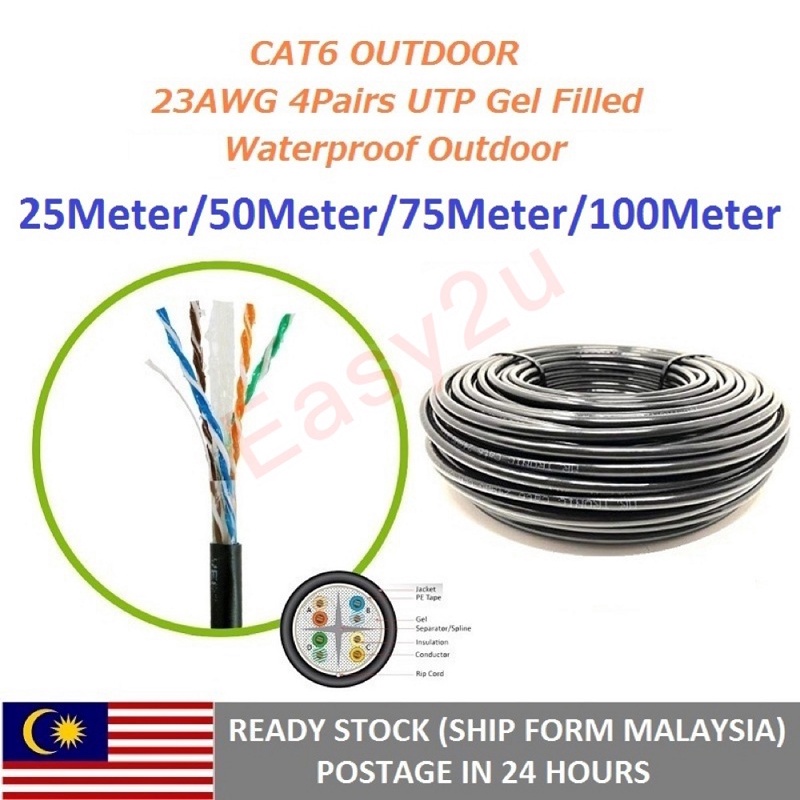 UTP CAT6 PE OUTDOOR JELLY FILLED NETWORK CABLE 25M/50M/75M/100Meter 100% SOLID FULL COPPER ...