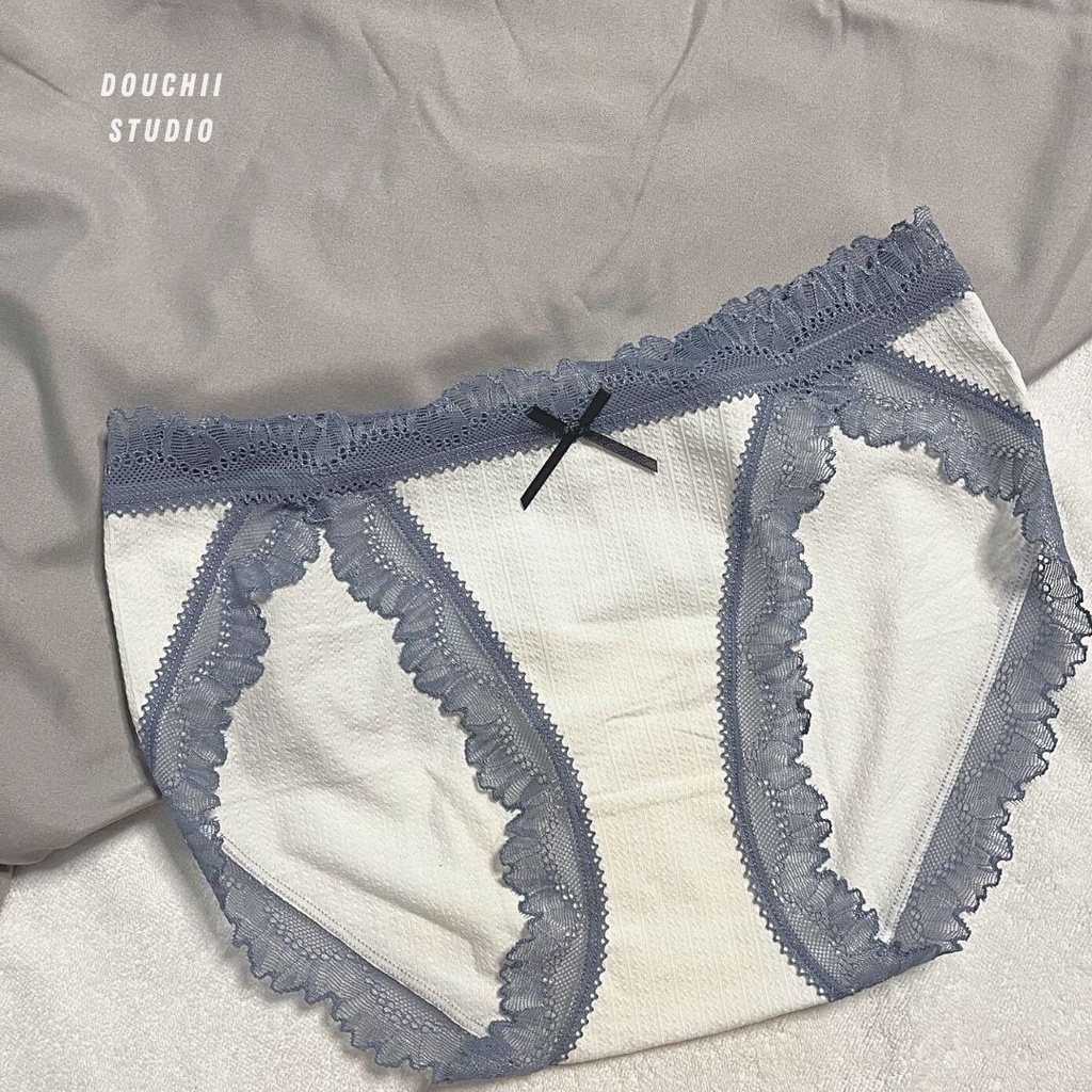 Douchii Studio High Slit Panties Mid Waist Blue Lace Trim Woman ...