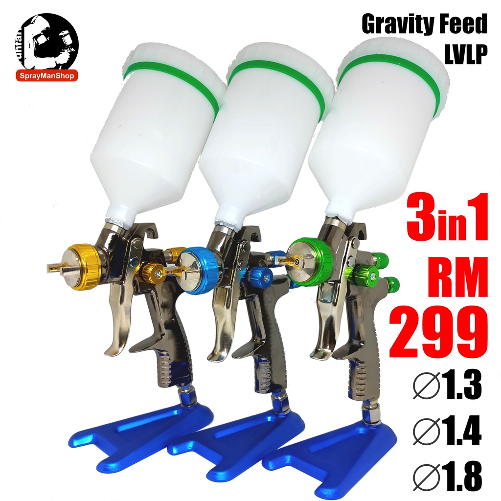 LVLP Gravity Feed Spray Gun 3in1 (1.3, 1.4 & 1.8mm) European Export ...